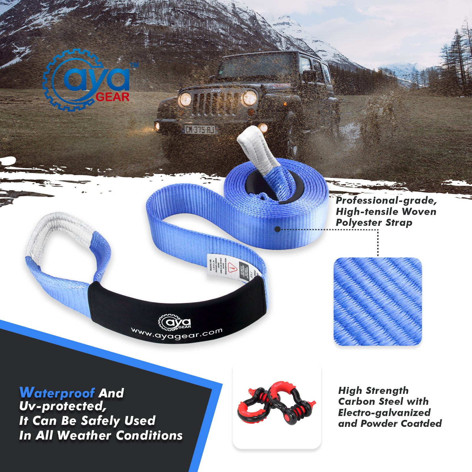 Off Road Recovery Set, Tow Straps + D Ring Shackles (2pcs) – ayagear